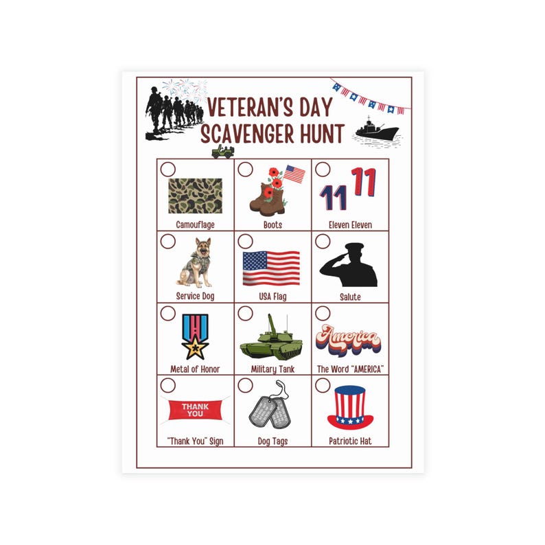 Veteran's Day Scavenger Hunt Printable Activity for Veterans Day Party ...