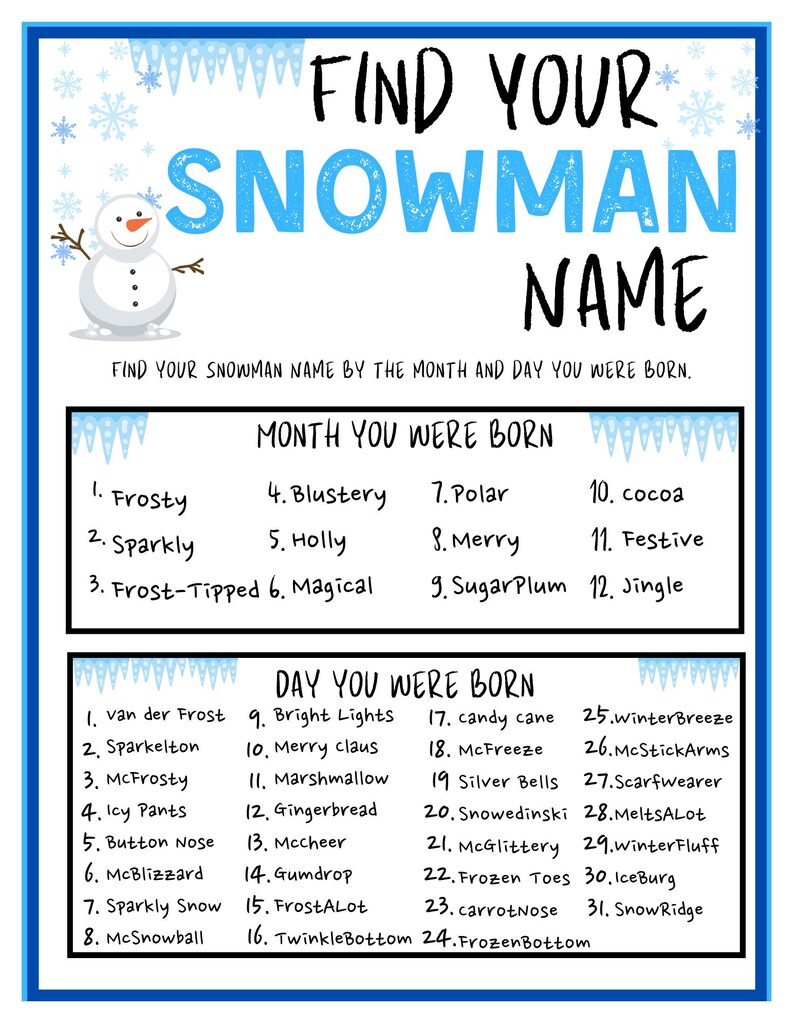 Snowman Name Game for Kids Scavenger Hunt Games, Printable Game, Find ...