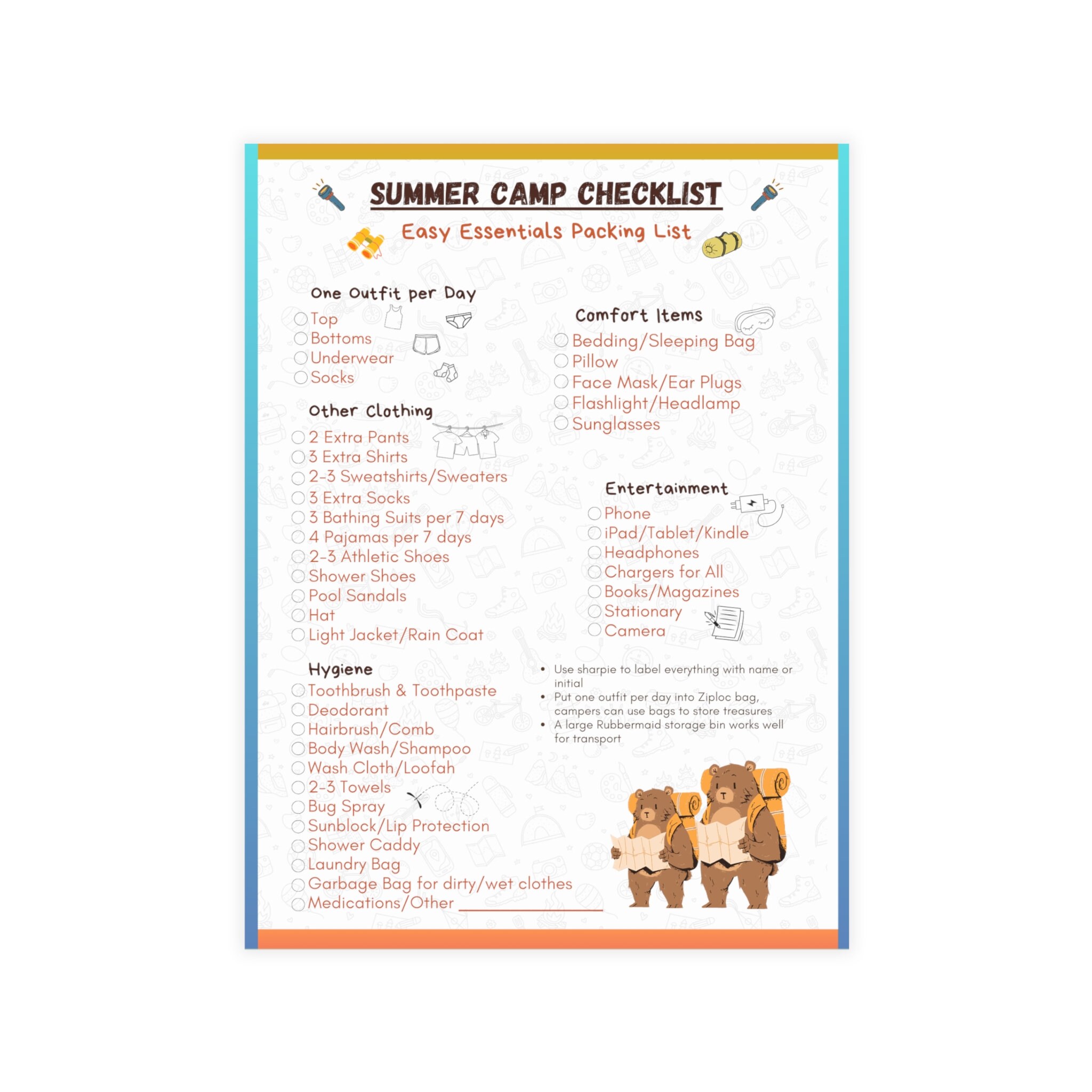 Summer Camp Checklist, Printable Camp List, Camping Essentials List ...