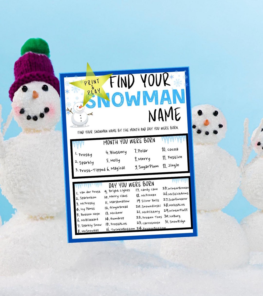 Snowman Name Game for Kids Scavenger Hunt Games, Printable Game, Find ...