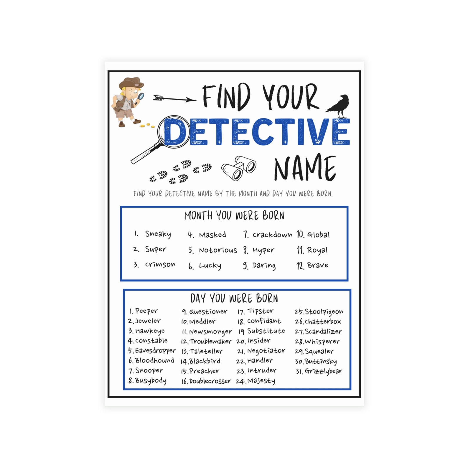 Find Your Detective Name Game for Kids Scavenger Hunt Games, Printable Game, Detective Name ...