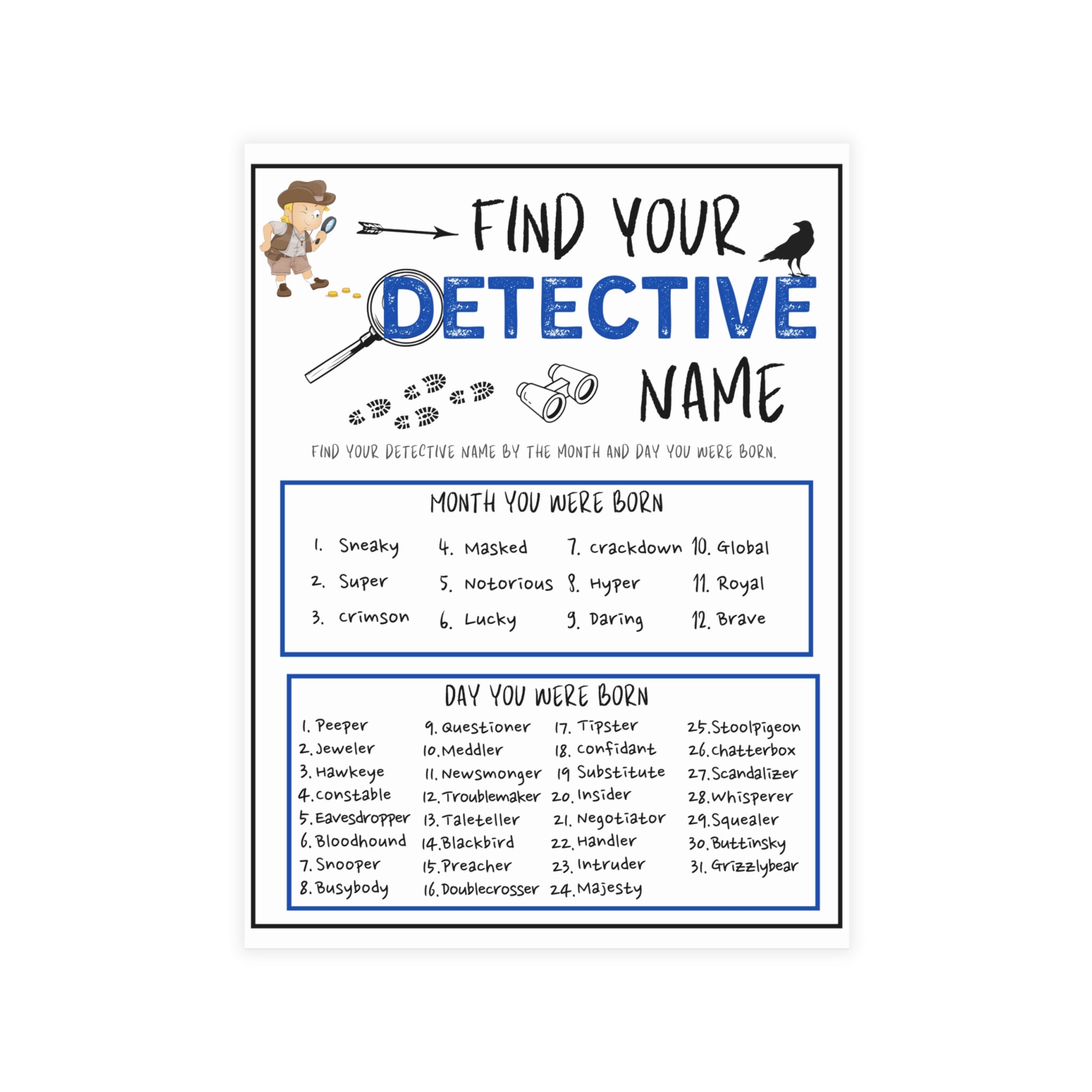 Find Your Detective Name Game for Kids Scavenger Hunt Games, Printable ...