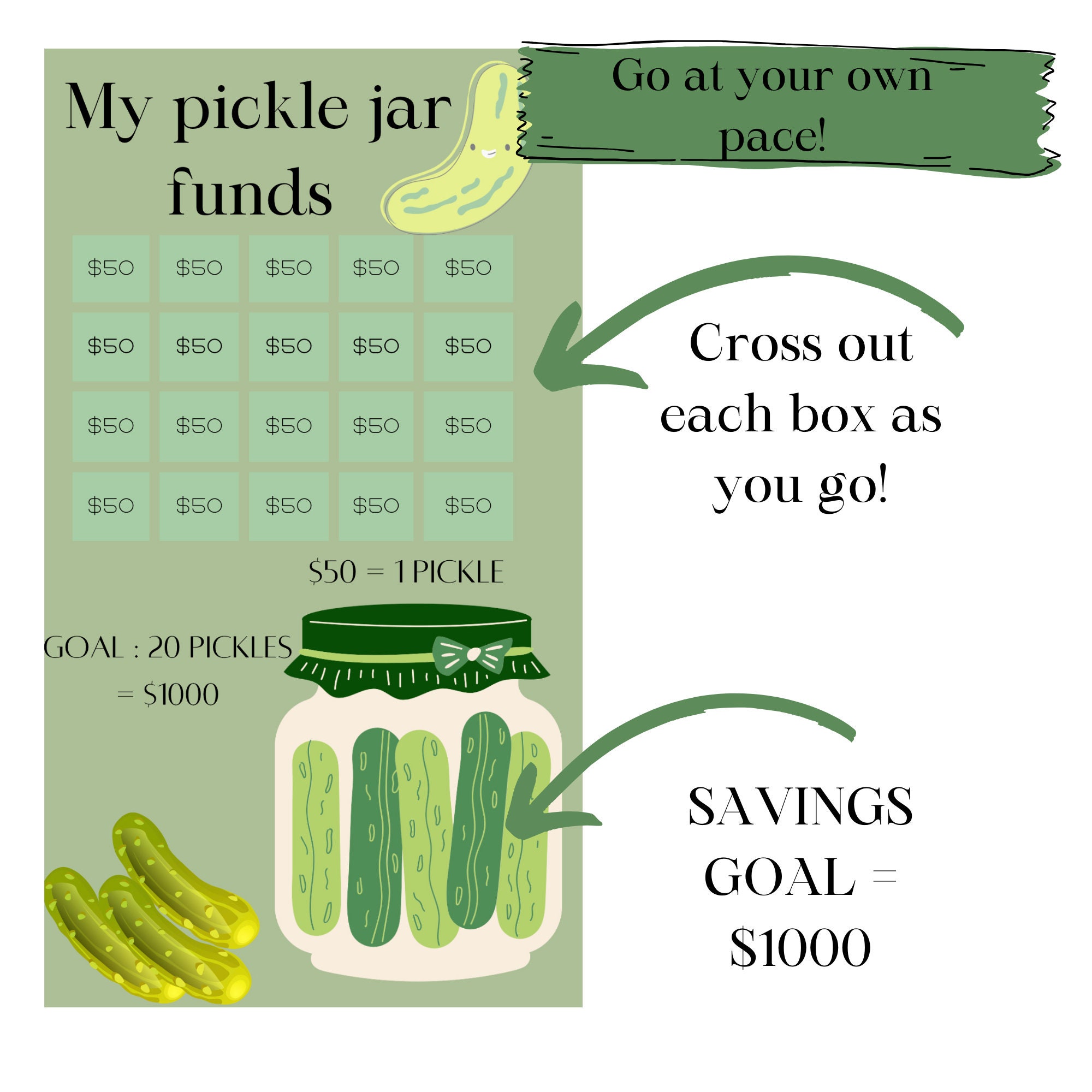 Mini Savings Challenge Printable Kids Saving Challenge Pickle Themed Print Jar of Pickles Fun ...