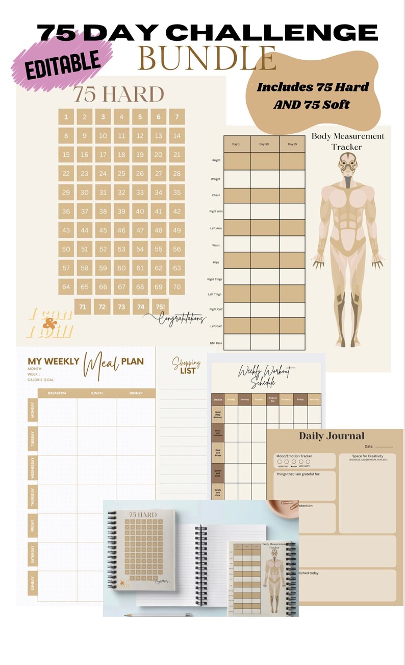 EDITABLE 75 Hard Challenge Tracker Bundle Printable Daily Journal 75 ...