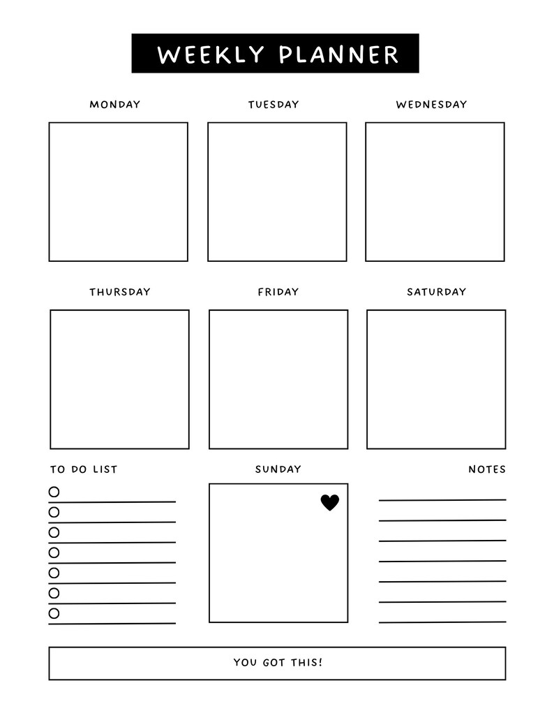 Black & White Weekly Planner Sheet Individual Bullet Journal Page - Etsy