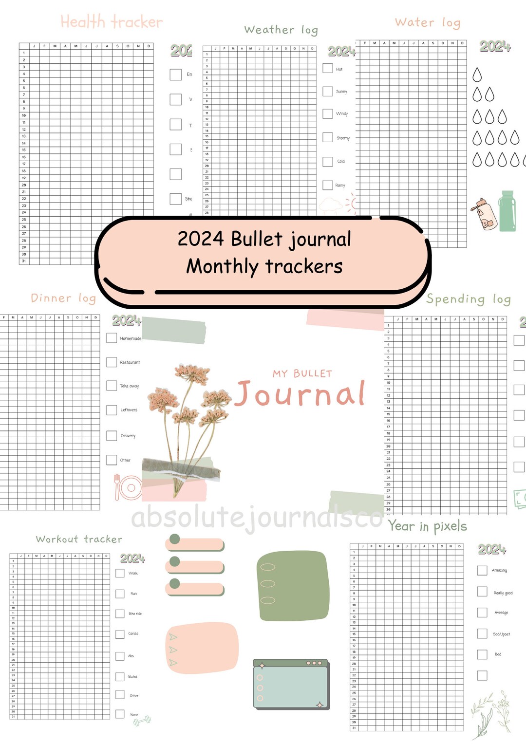 2024 Dated Bullet Journal Bundle Monthly Tracker Templates Water Log ...