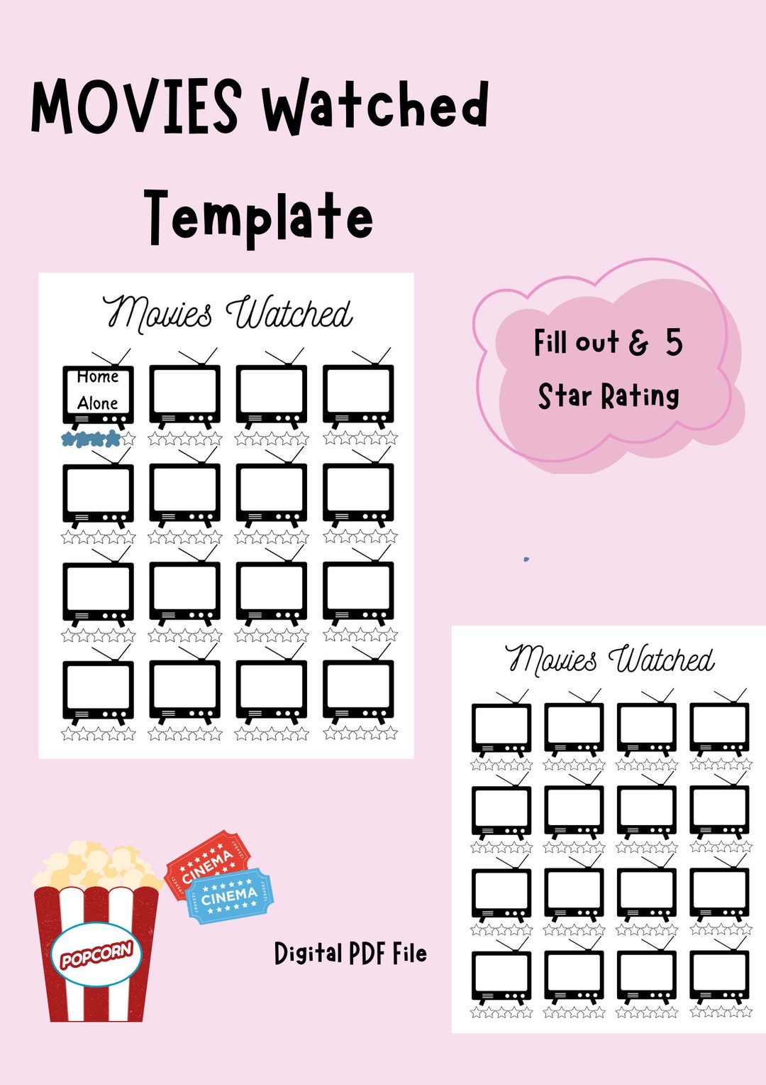 Movies Watched Template | Movie Template | Bullet Journal 2024 ...