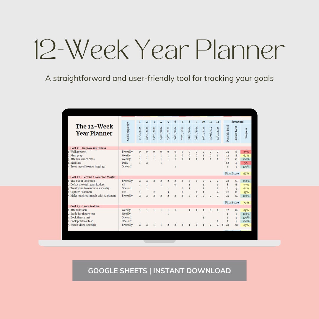12-week-year Digital Planner for Goal Setting, Google Sheets Compatible ...