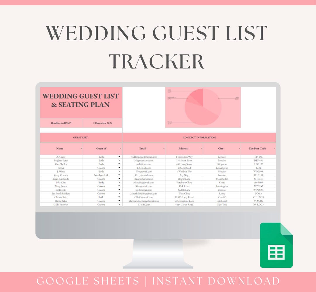 Wedding Guest List Spreadsheet | RSVP Tracker in Pink | Google Sheets ...