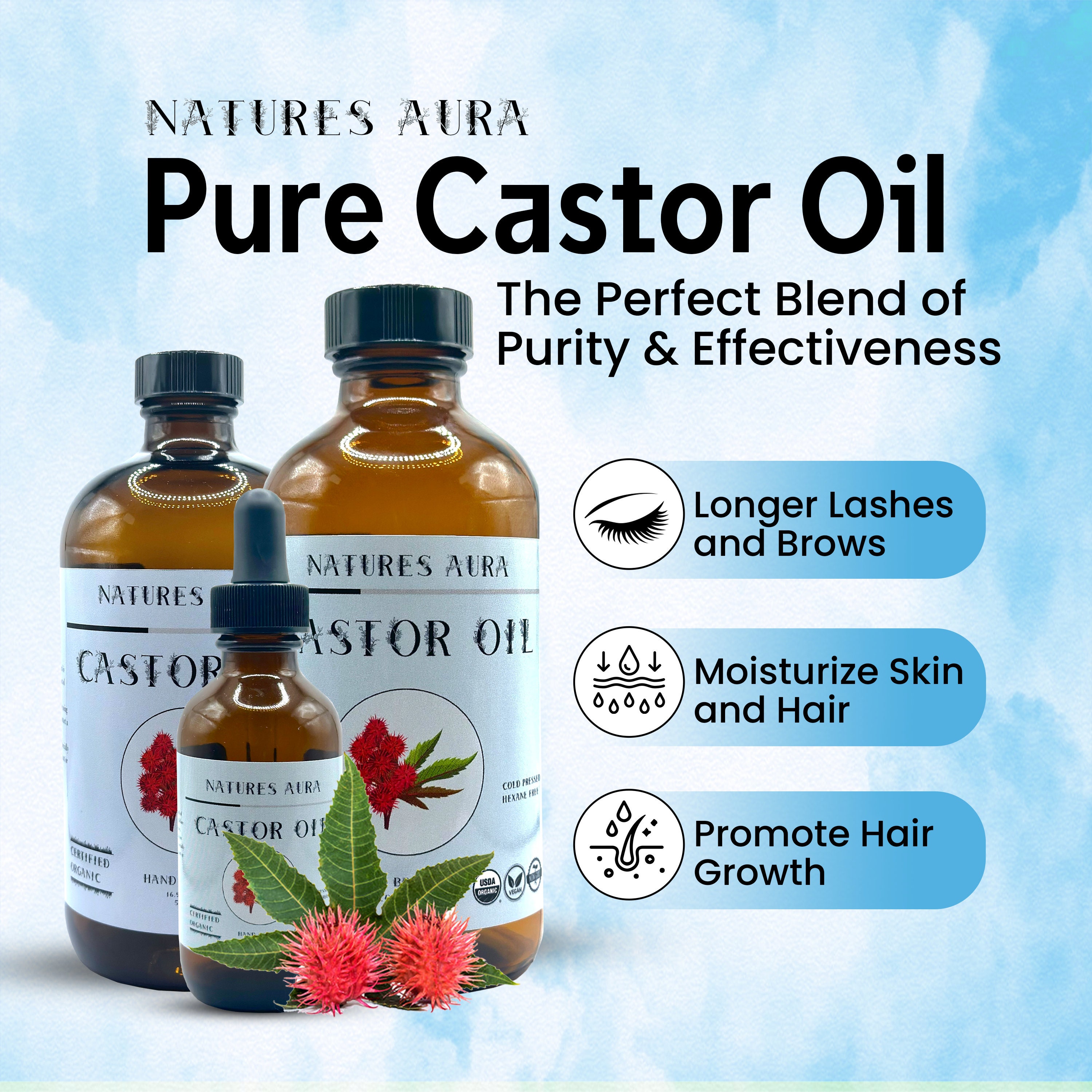 Natures Aura Organic Castor Oil + 2 Pc Castor Oil Pack Wrap & Wands ...