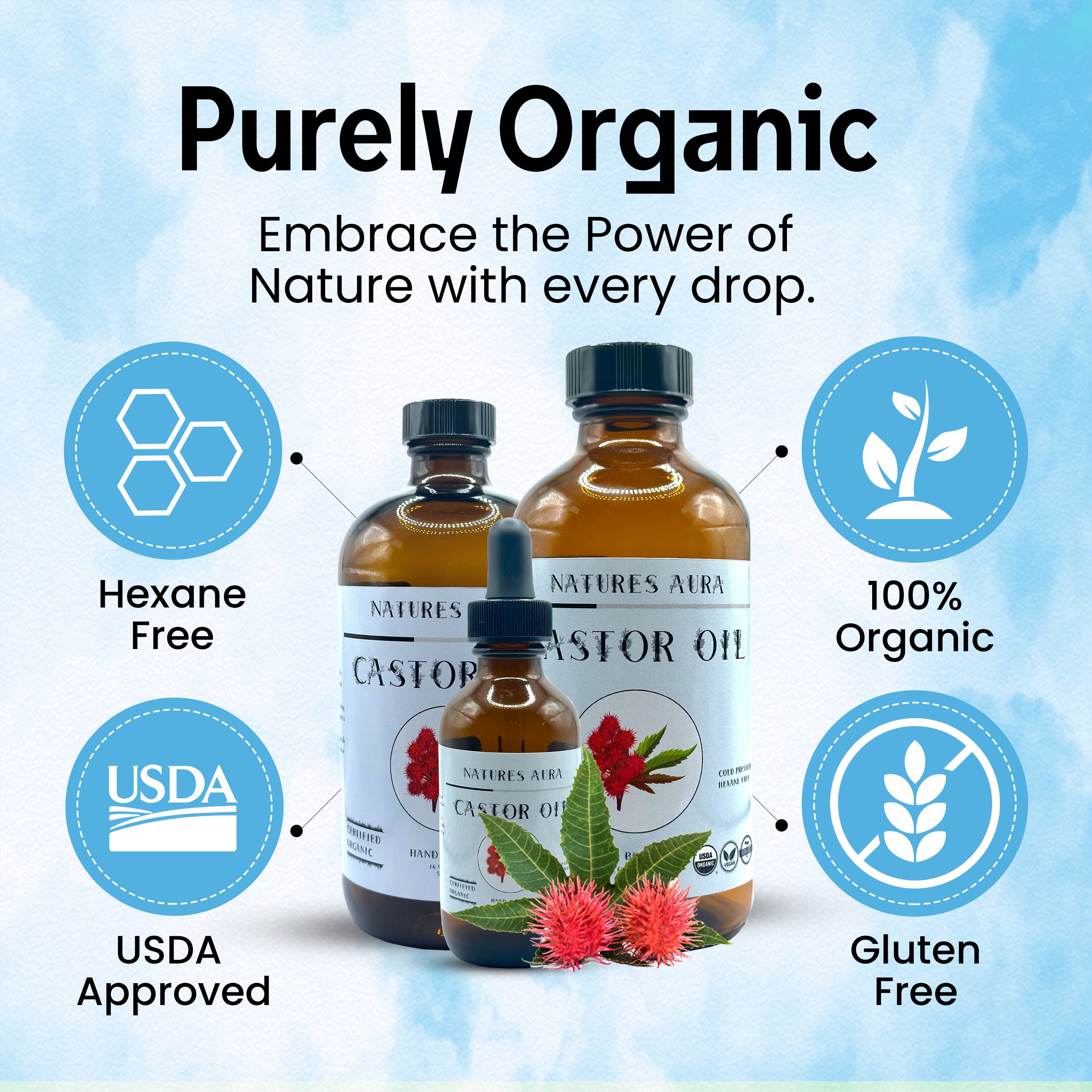 Natures Aura Organic Castor Oil + 2 Pc Castor Oil Pack Wrap & Wands ...