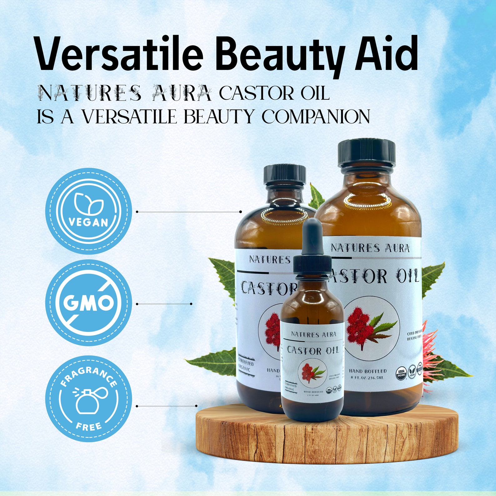 Natures Aura Organic Castor Oil + 2 Pc Castor Oil Pack Wrap & Wands ...