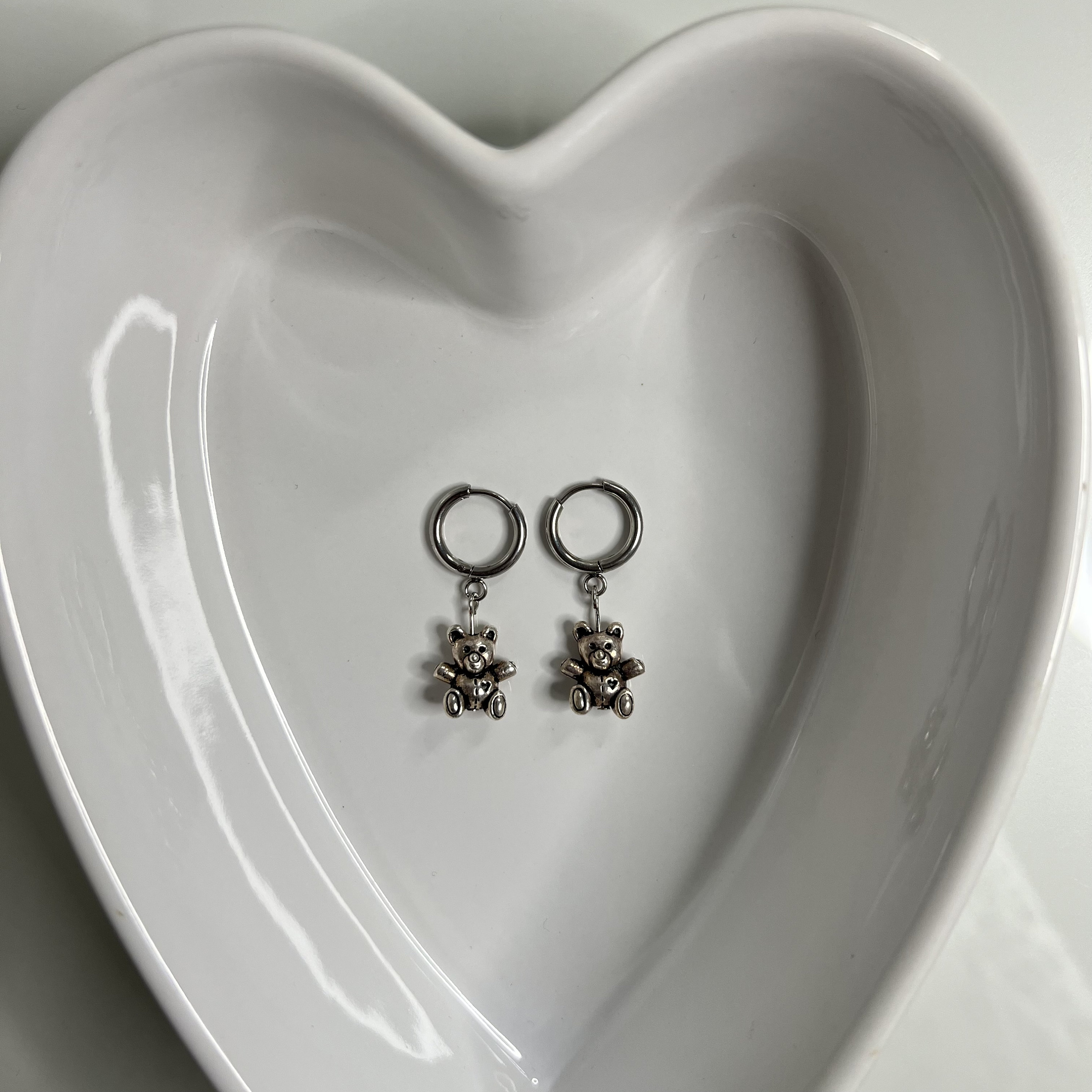 Teddy Bear Earrings, Silver Hoop Earrings, Dainty Teddy Bear Earrings ...