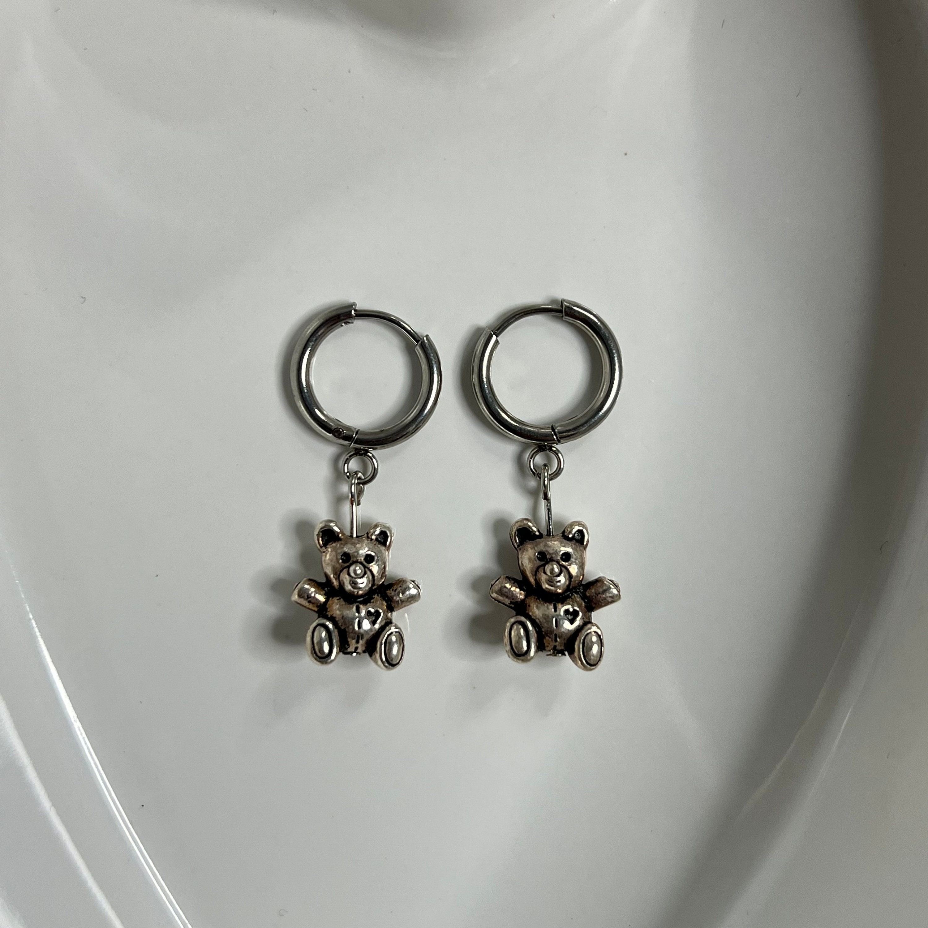 Teddy Bear Earrings, Silver Hoop Earrings, Dainty Teddy Bear Earrings, Dangle Earrings for ...