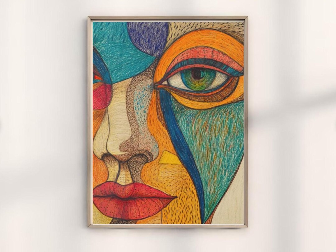 Mid Century Modern Mexican Folk Art Colorful Abstract Face Print ...