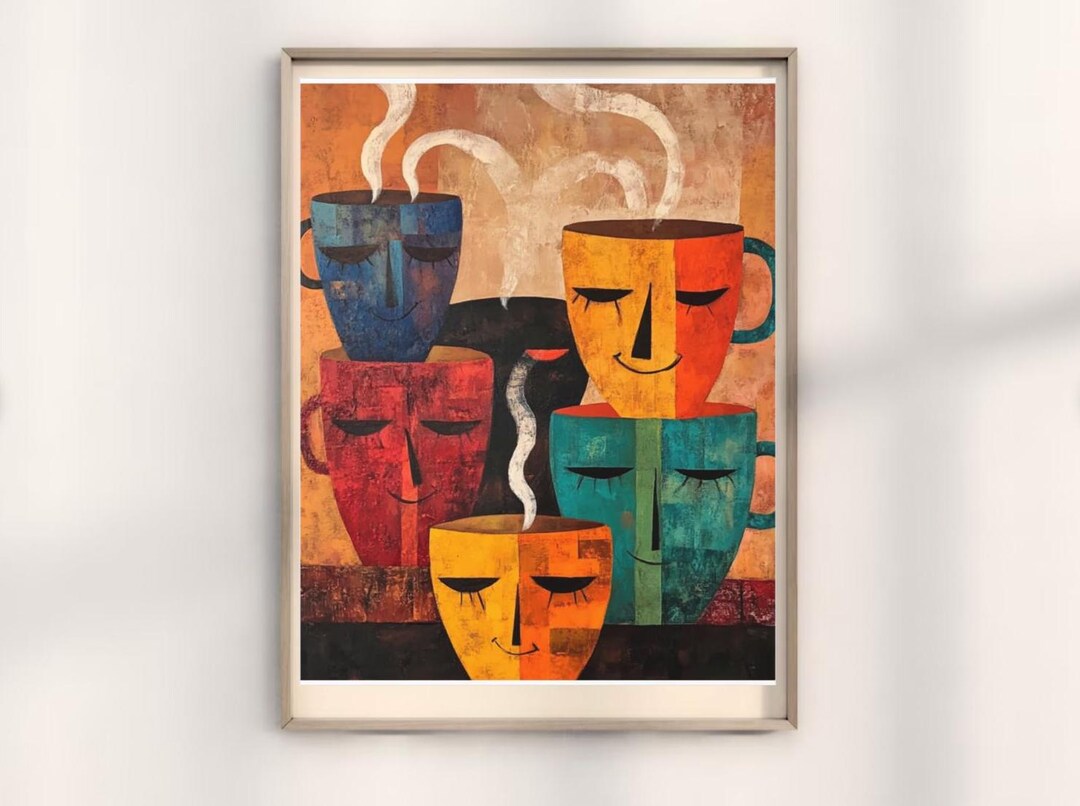 Mid-century Modern Coffee Mug Folk Art Print, Abstract Faces - Etsy