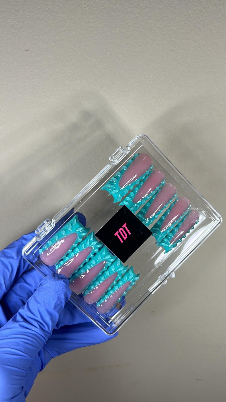 Teal Textured French Tip Acrylic Press Ons - Etsy