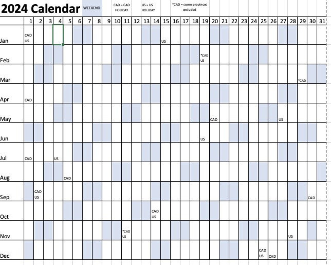 2024 Year at a Glance Calendar - CAD and US Holidays - Etsy