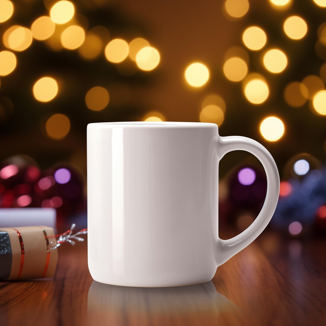 White Christmas Mug Mockup, Blank Mug With Christmas Lights, 11oz ...