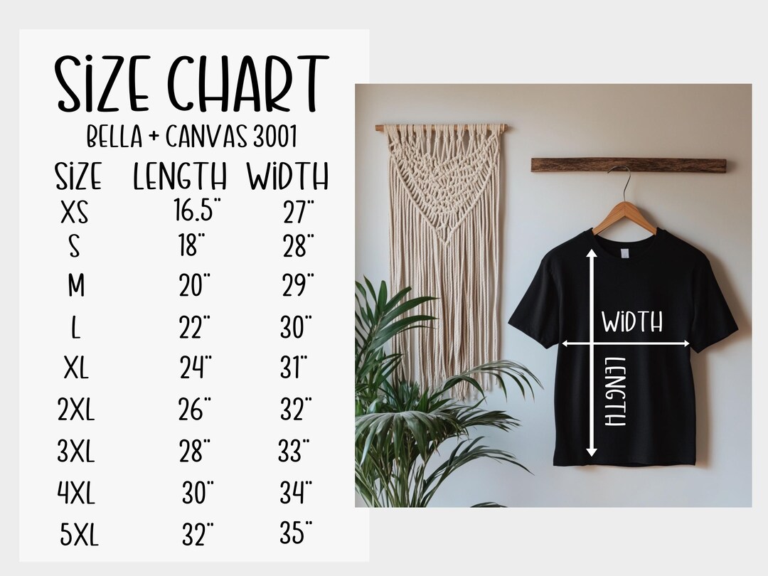 Digital Size Chart Printable, Bella Canvas 3001 Shirt Sizes, Modern ...