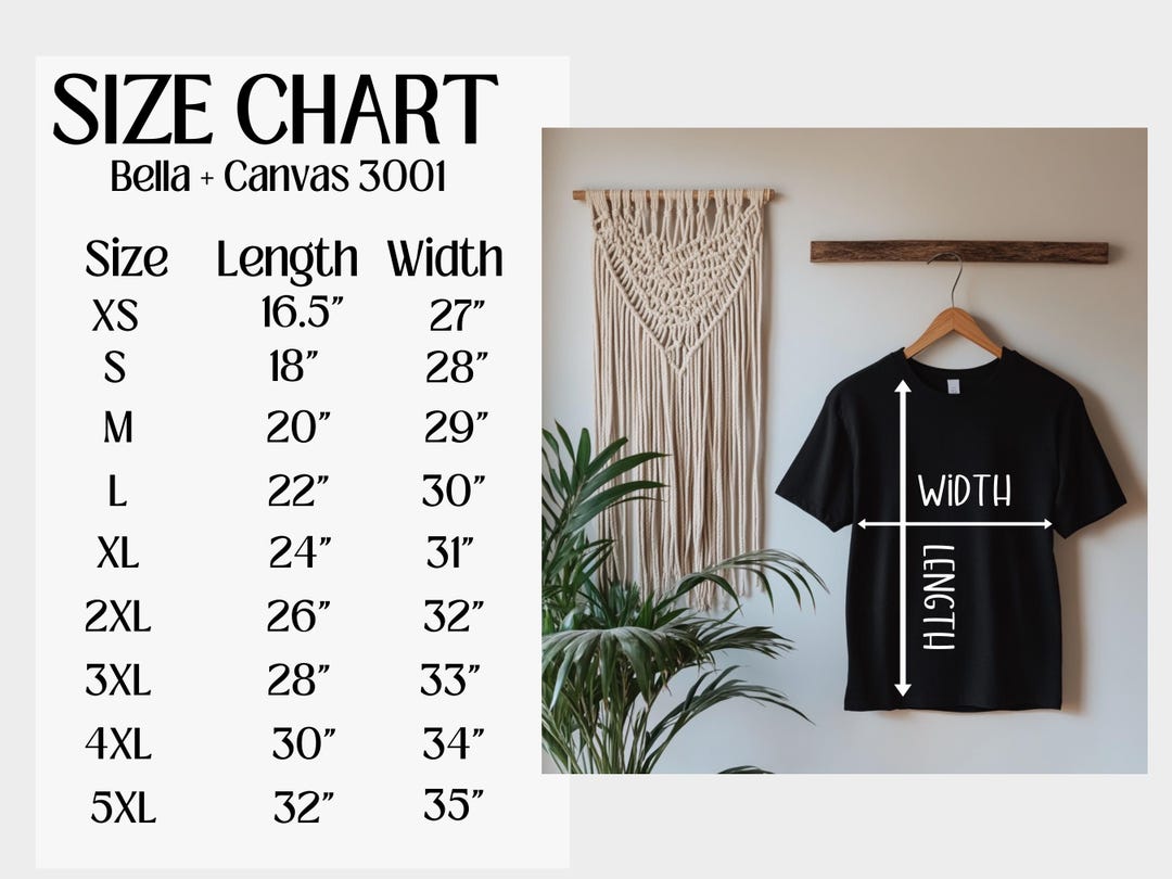 Size Chart Poster, Digital Download Size Chart, Bella Canvas 3001 Size ...