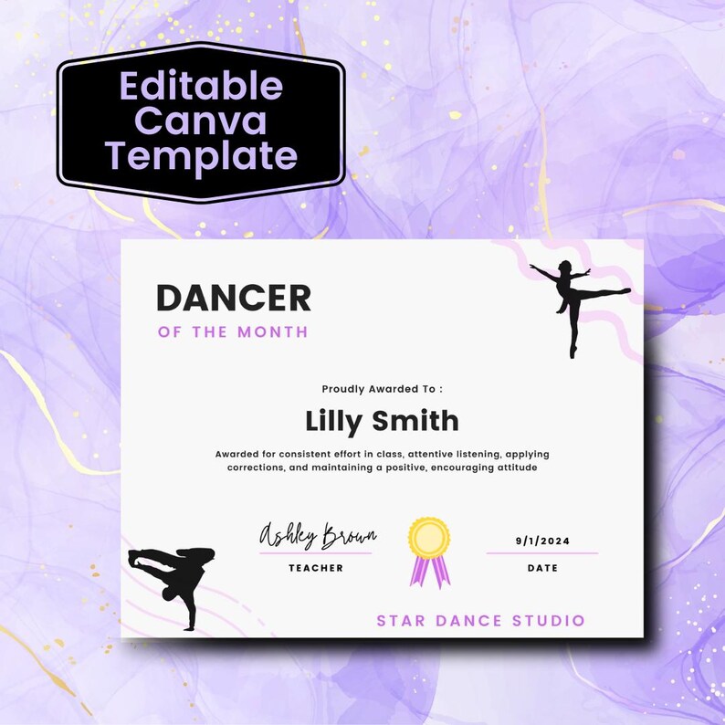 Editable Dancer of the Month Bundle for Dance Studios | Canva Template ...