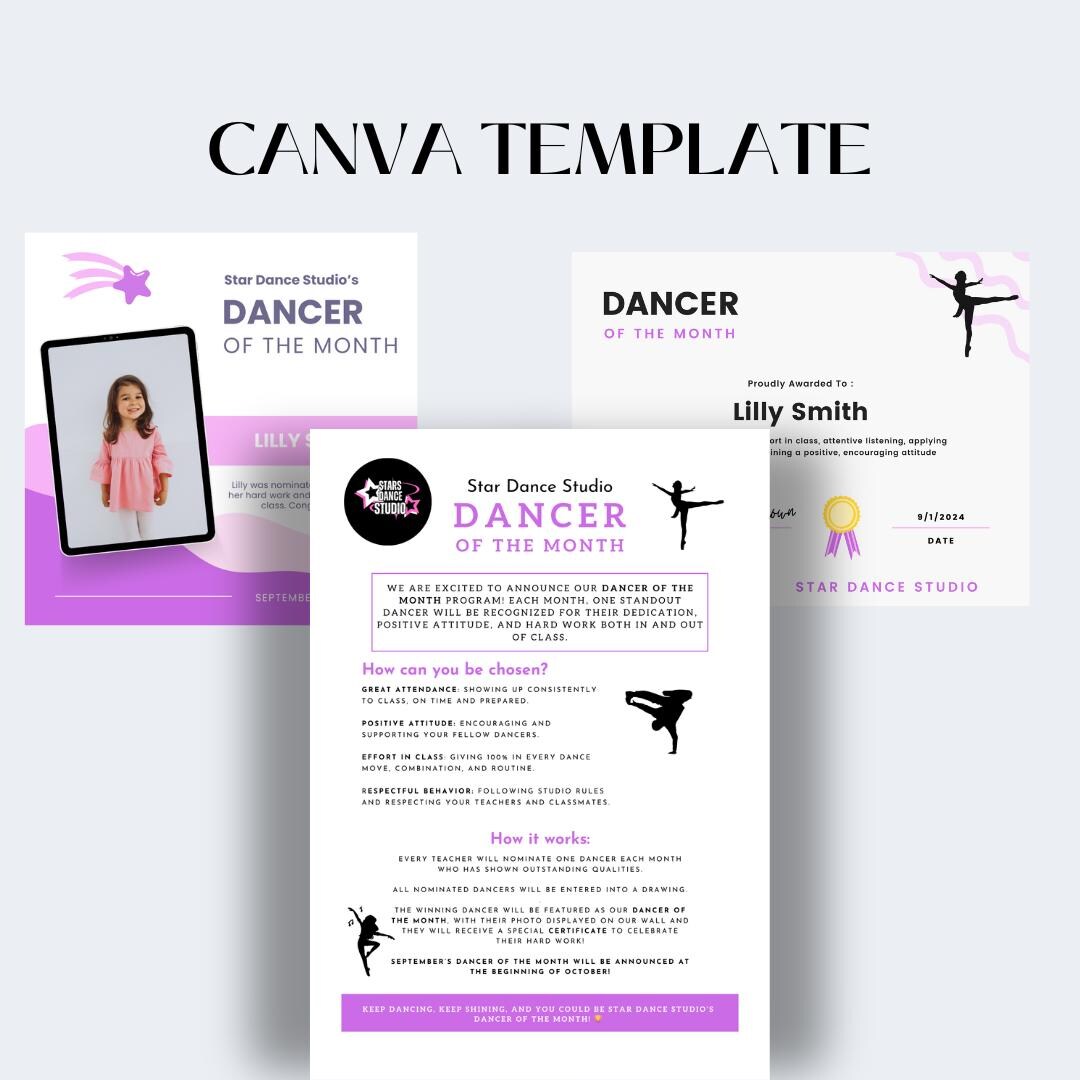 Editable Dancer of the Month Bundle for Dance Studios | Canva Template ...