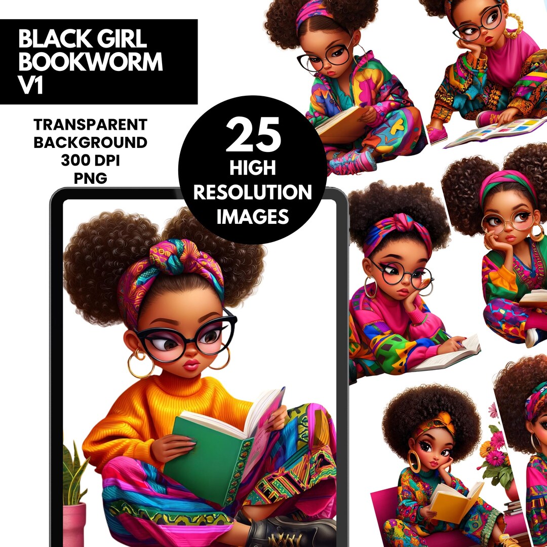 Black Girl Bookworm Clipart Bundle | 25 Cozy Reading Illustrations ...