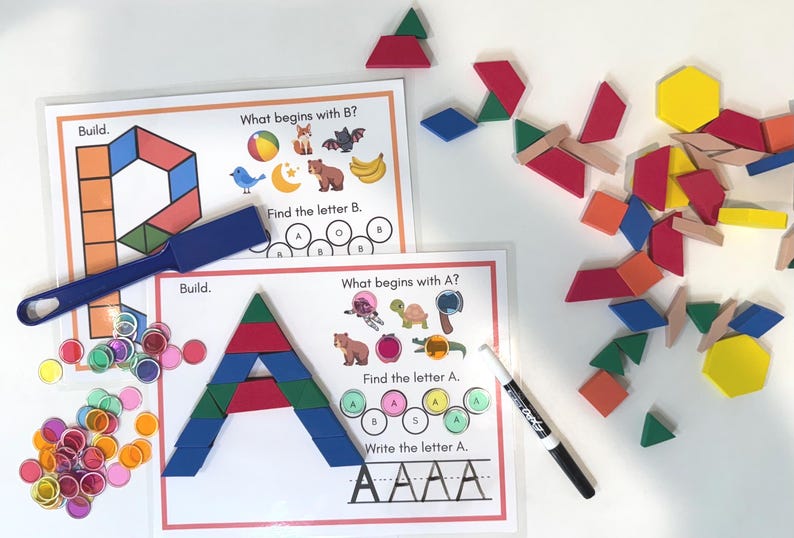Pattern Block Alphabet Mats: Uppercase Letter Building Cards (digital ...