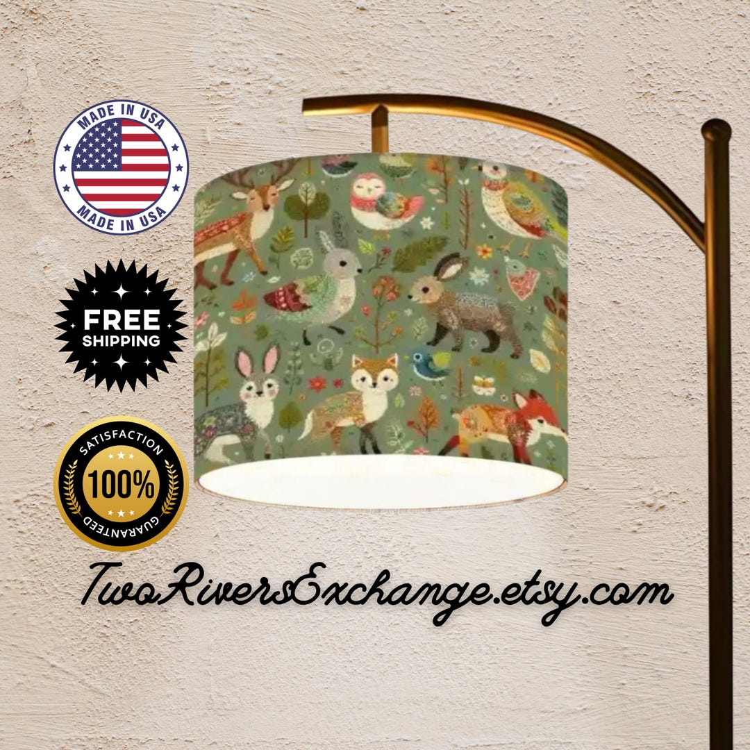 Green Menagerie Floor Lamp, Woodland Animals Lampshade, Book Nook Decor ...