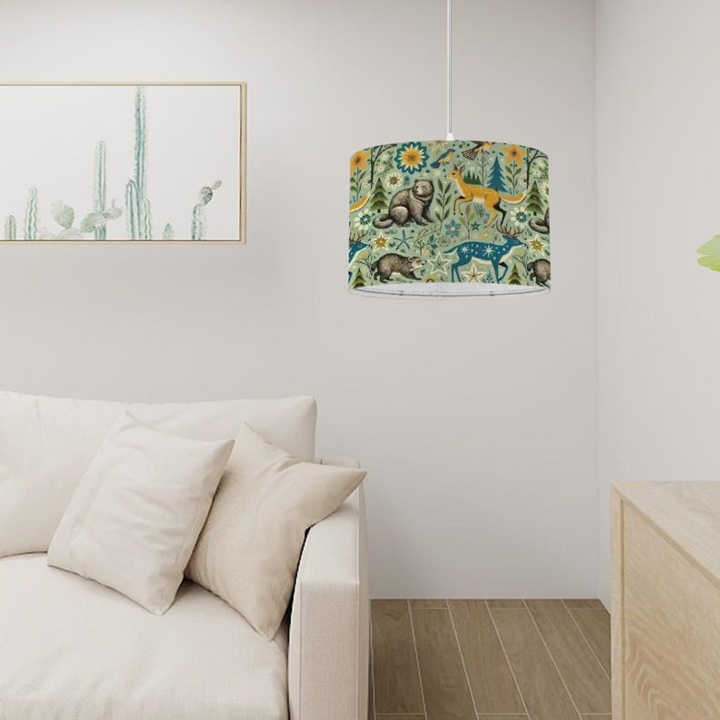 Bear & Doe Plug-in Pendant Light With Woodland Critters Linen Lampshade ...