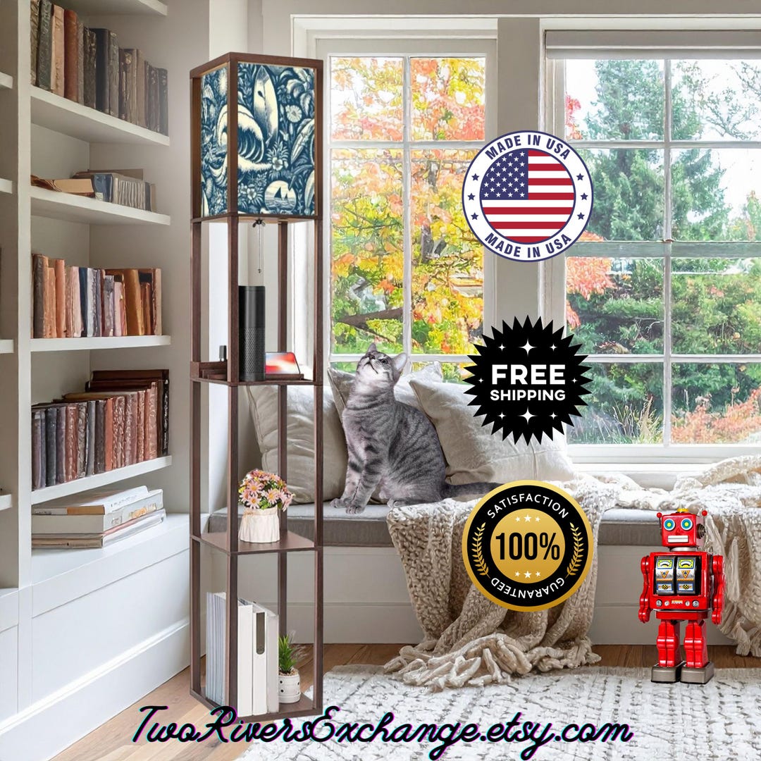Surf Safari Lantern Wood Floor Lamp With Storage Shelving & USB Phone ...