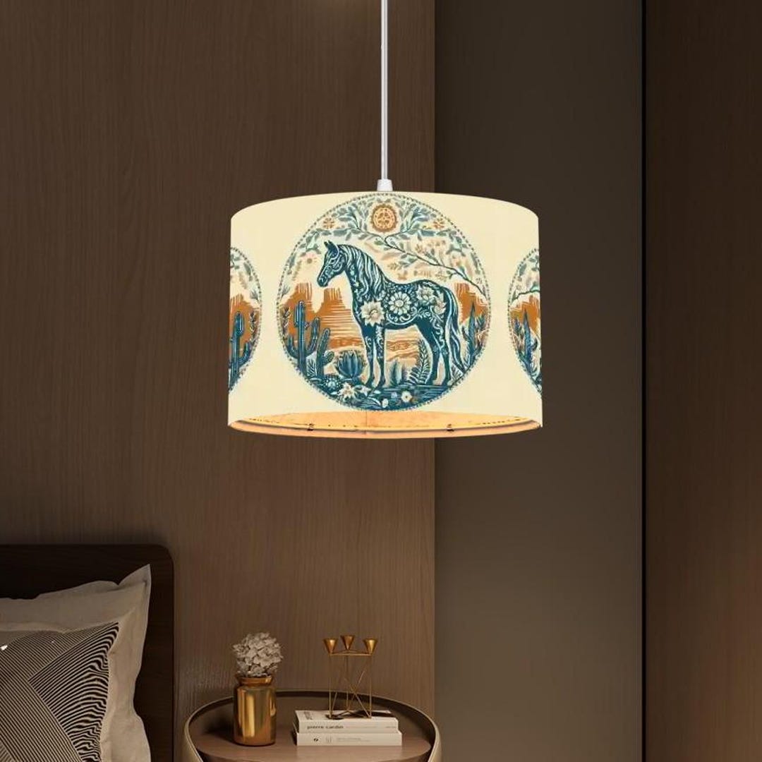 Rustic Wild Horses Linen Drum Lampshade Pendant Light, Plug in Hanging ...