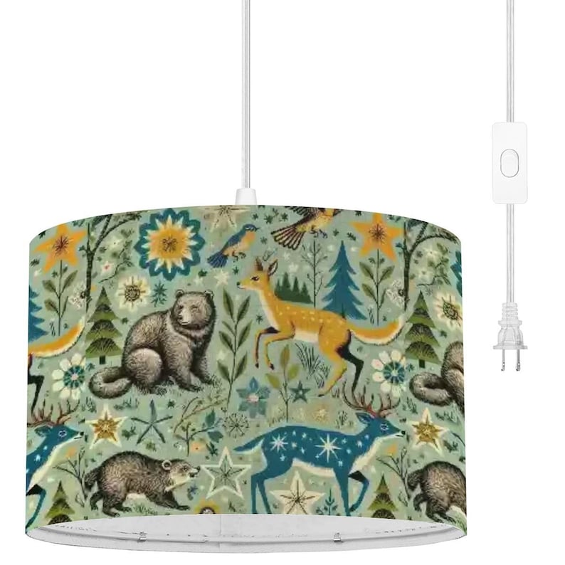 Bear & Doe Plug-in Pendant Light With Woodland Critters Linen Lampshade ...