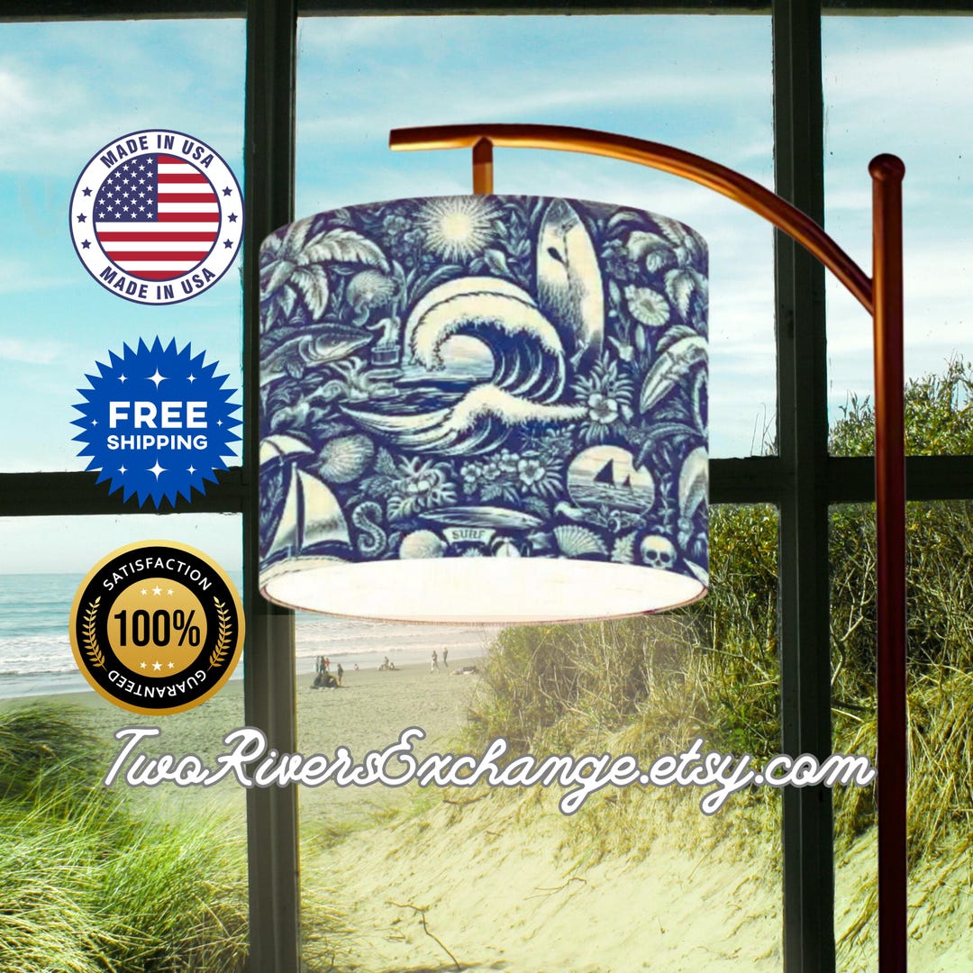 Surf Safari Floor Lamp With Blue Linen Lampshade on Black Stand, USA ...