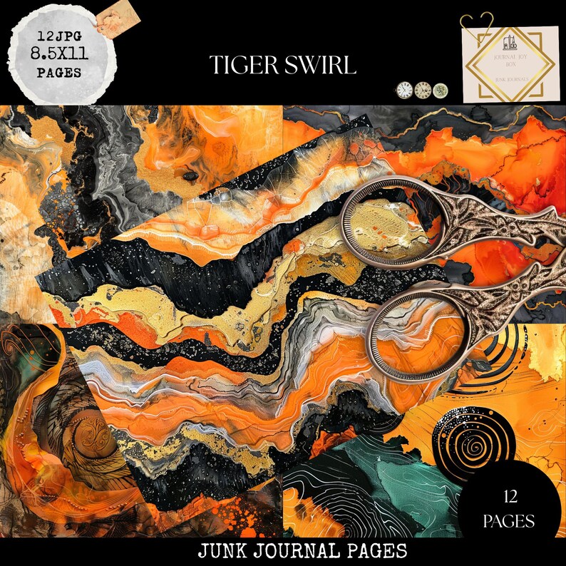 Tiger Swirl Junk Journal Pages, Digital Scrapbook Paper, Orange and ...