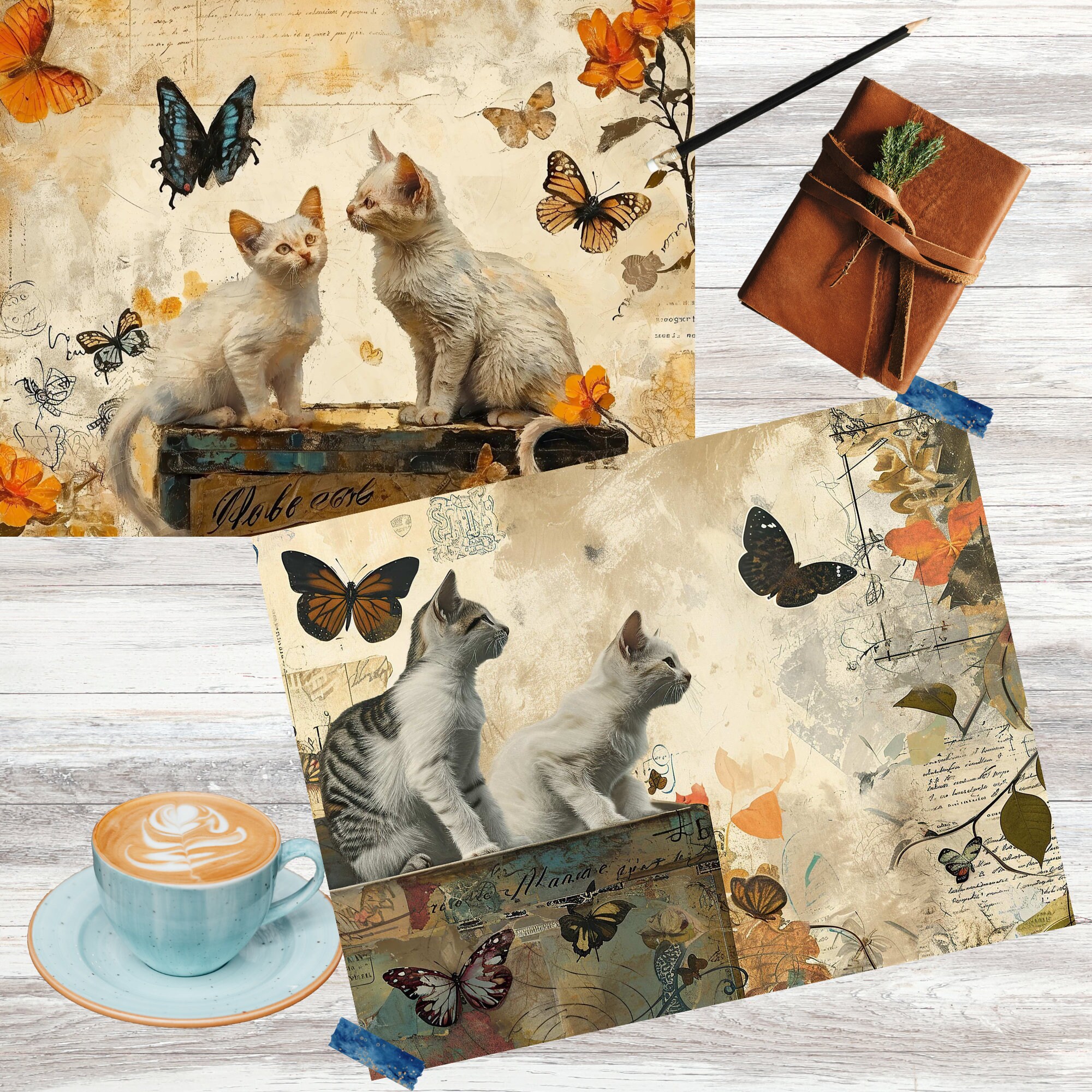 Junk Journal Printable, Cats on a Box, Vintage Journal Papers, Cute ...