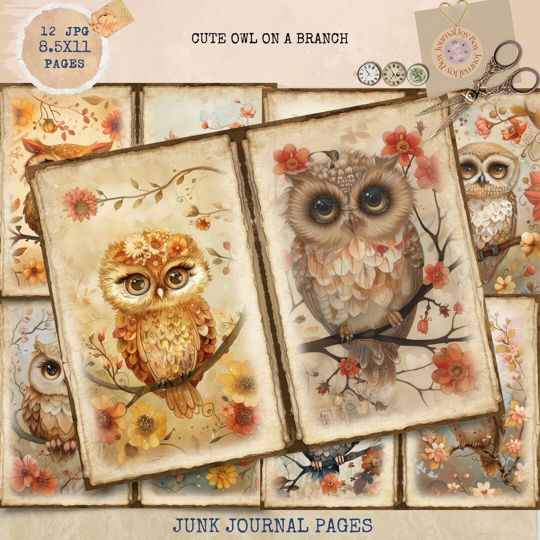 Owls Junk Journal, Bird Pages, Owls on A Branch Journal , Bird Lovers ...