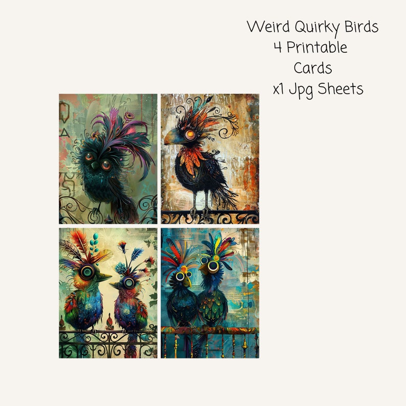 Weird Quirky Birds Junk Journal Cards, 4 Cards, Birds Printable ...