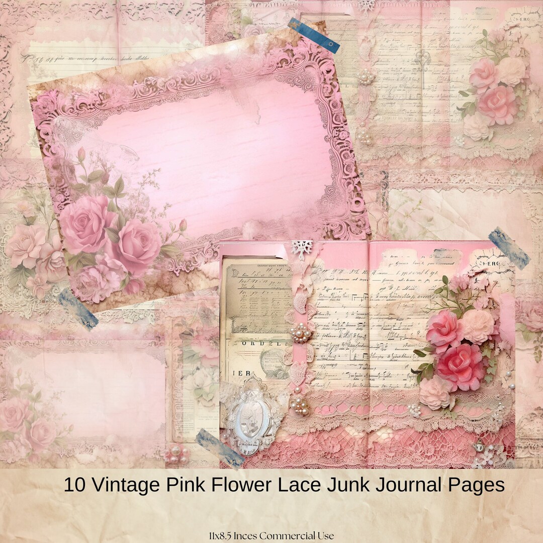 Junk Journal Printable, Pink Flowers and Lace Vintage Journal Pages ...