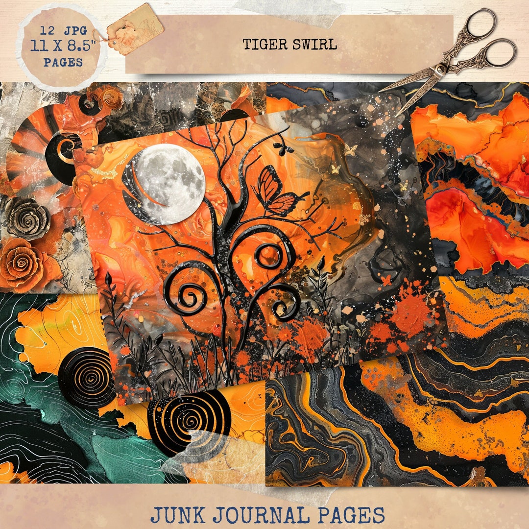 Tiger Swirl Junk Journal Pages, Digital Scrapbook Paper, Orange and ...