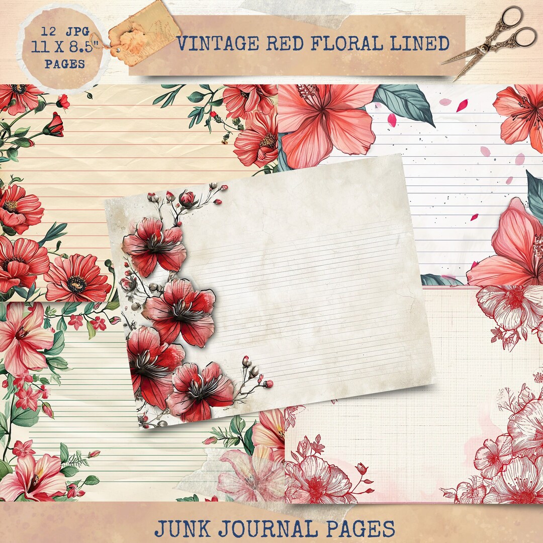 Junk Journal Printable, Red Floral Lined Journal Page, Floral Junk ...