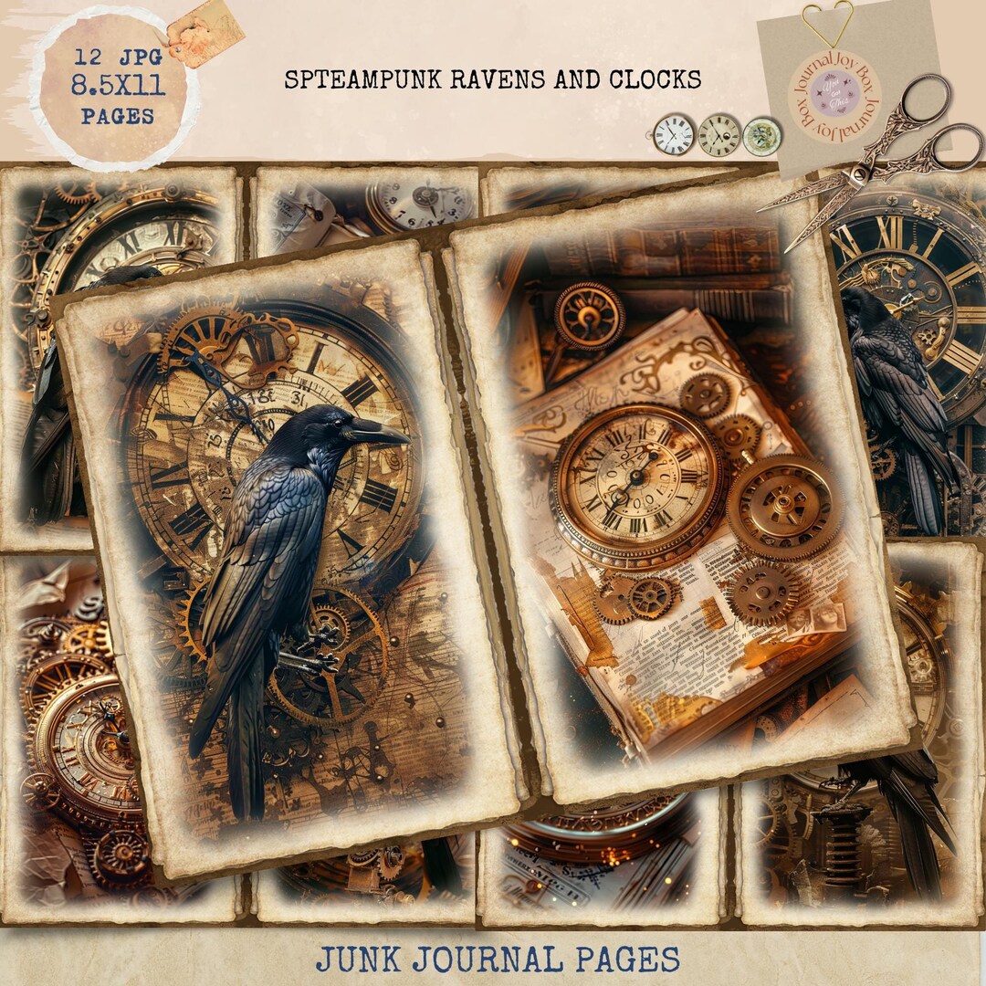 Junk Journal Printable, Steampunk Raven and Clocks Journal, Raven ...