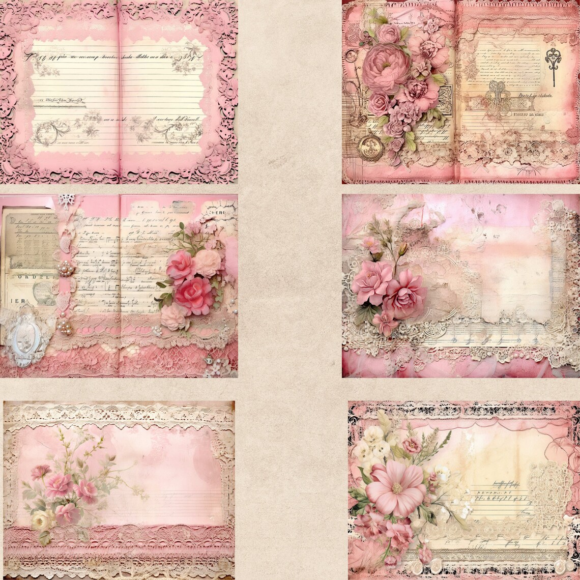 Junk Journal Printable, Pink Flowers and Lace Vintage Journal Pages ...