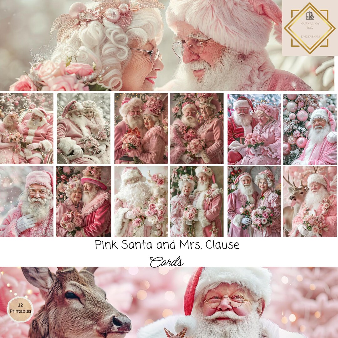 Pink Santa Junk Journal Cards, 12 Cards, Santa Printable Ephemera ...