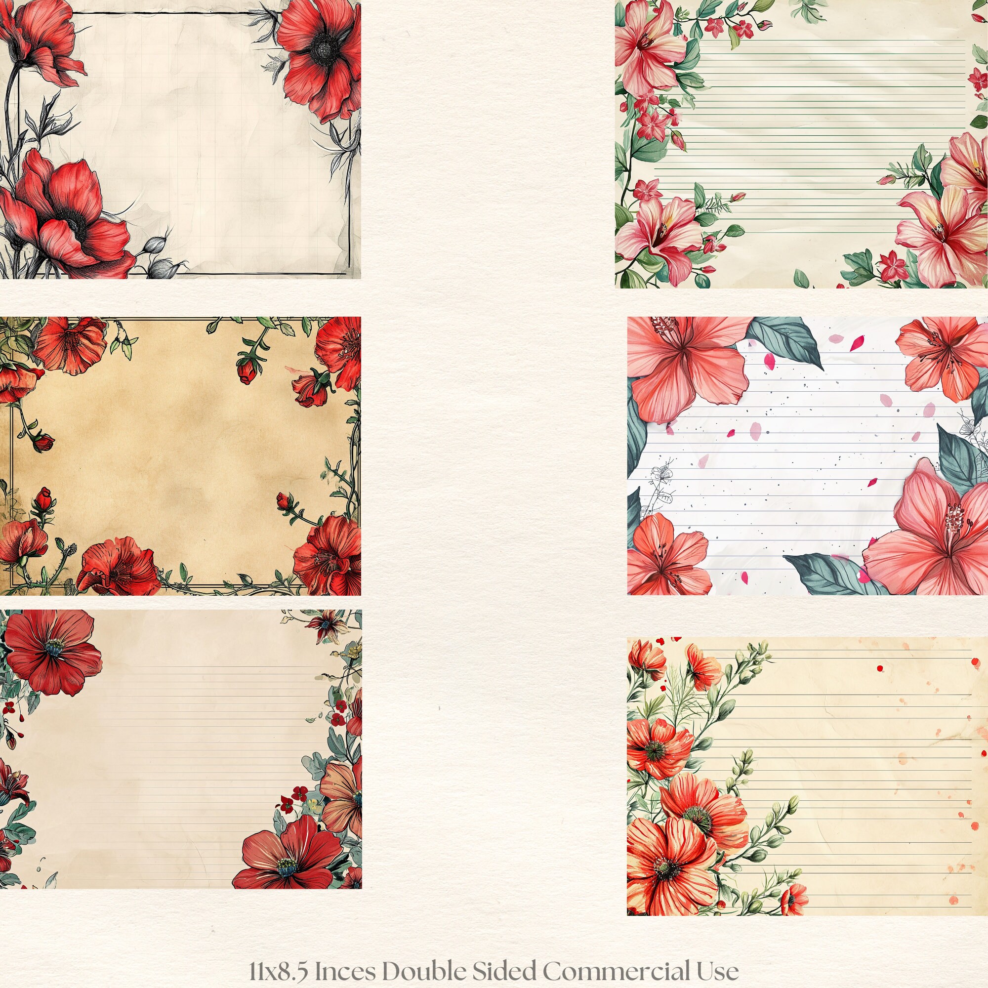 Junk Journal Printable, Red Floral Lined Journal Page, Floral Junk ...