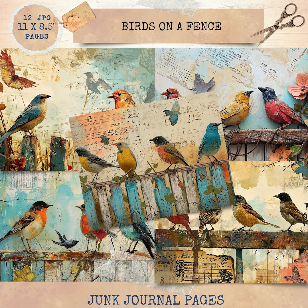 Birds Junk Journal, Bird Pages, Bird on a Fence Junk Journal , Bird ...