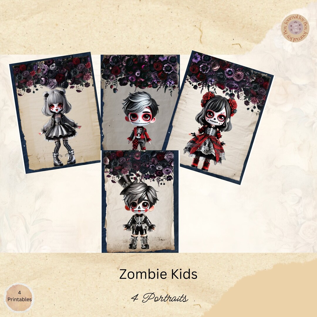 Zombie Junk Journal Cards, 4 Cards, Zombie Kids Printable Ephemera ...