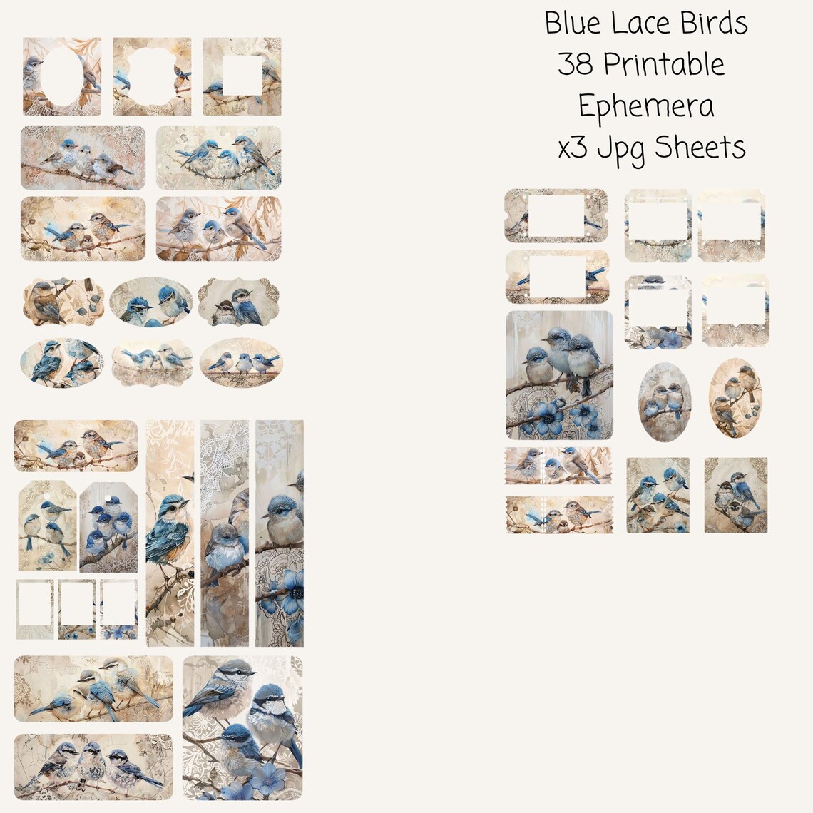 Vintage Blue Lace Birds Ephemera Cards, 38 Mini Extras Pack, Birds ...