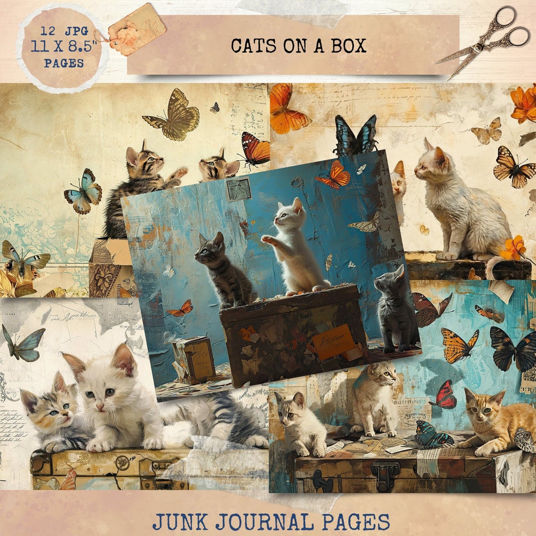 Junk Journal Printable, Cats on a Box, Vintage Journal Papers, Cute ...